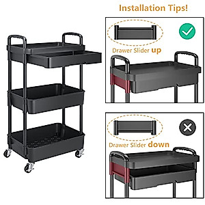 Calmootey 3-Tier Rolling Utility Cart with Drawer,Multifunctional Storage Organizer with Plastic Shelf & Metal Wheels,Storage Cart for Kitchen,Bathroom,Living Room,Office,Black