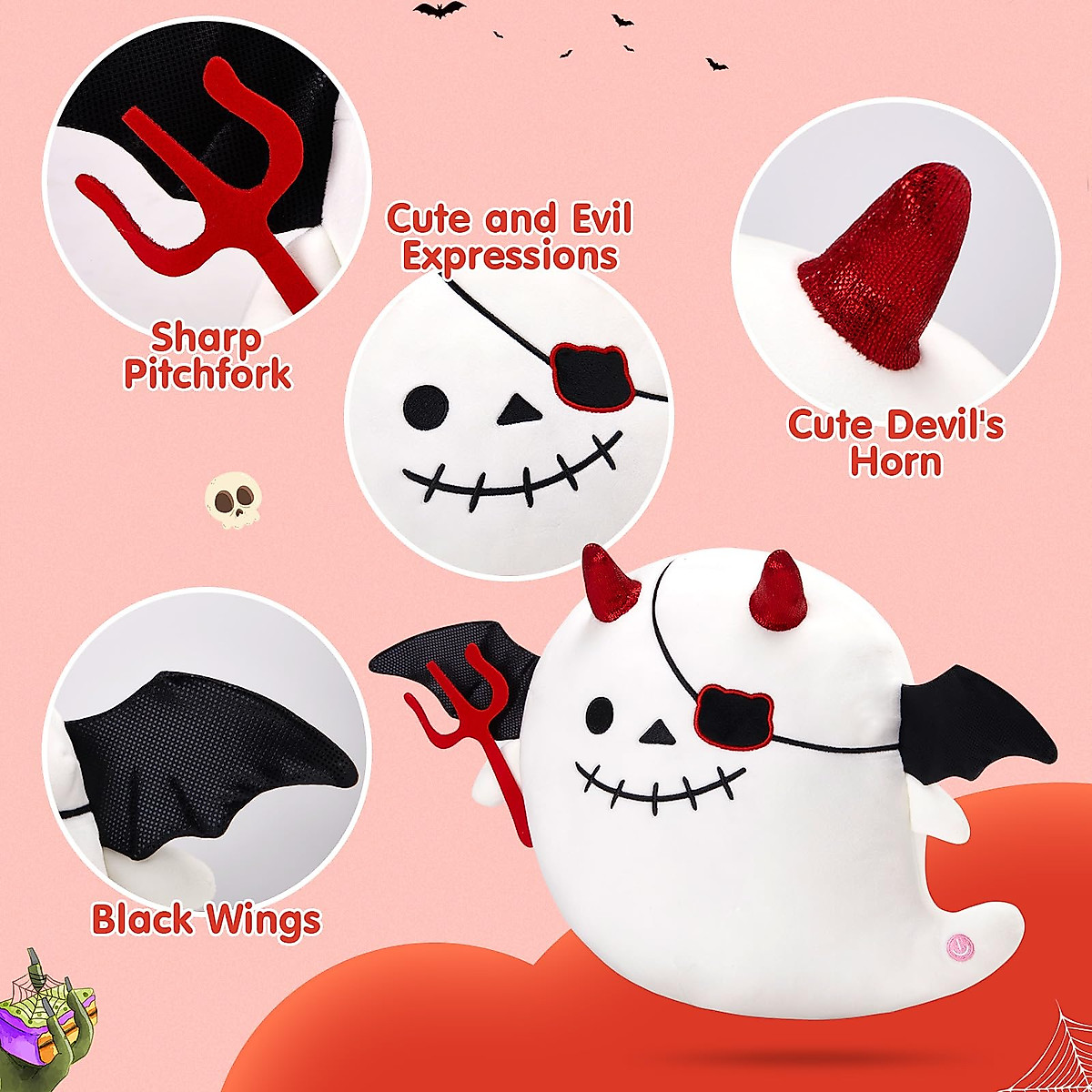 WEWILL 12'' Light up Halloween Ghost Soft Plush Pillow with Bat Wings Spooky Glow Devil Halloween Stuffed Animal Gifts for Toddler Kids Boys Girls