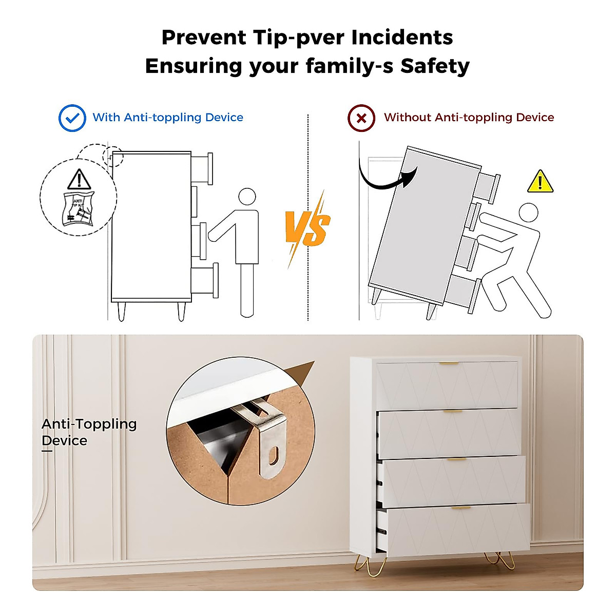 ADOFFUR White Dresser for Bedroom, Wood Tall 4 Drawers Dresser with Metal Handles and Legs, Modern Dressers & Chest of Drawers with with Anti-Tipping for Bedroom, Living Room, Hallway, Entryway