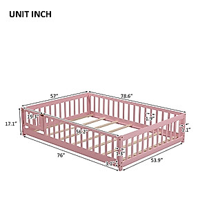 Harper & Bright Designs Full Size Floor Bed Montessori Bed Frame with Fence and Door, Wooden Full Platform Bed for Kids, Boys Girls, Slats Included, No Box Spring Needed (Full, Pink)