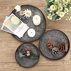 Hipiwe 3PCS Industrial Metal Iron Tray Round Galvanized Serving Tray Rustic Farmhouse Style Home Decorative Tray for Weddings Parties Coffee Table Centerpiece (9.6" + 7.7" + 6.1 ")