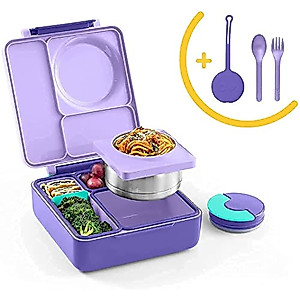 OmieBox Deluxe Bundle Set - Insulated Bento Lunch Box With Thermos PLUS Reusable Fork and Spoon with Case - (Purple)