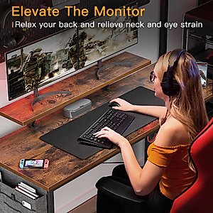 ODK Computer Desk with Shelves, 55" Home Office Desk with Monitor Shelf, 2 Tiers Shelves Study Writing Table, Modern Simple Style PC Desk, Stable Workstation, Printer Space, Easy to Assemble, Teak