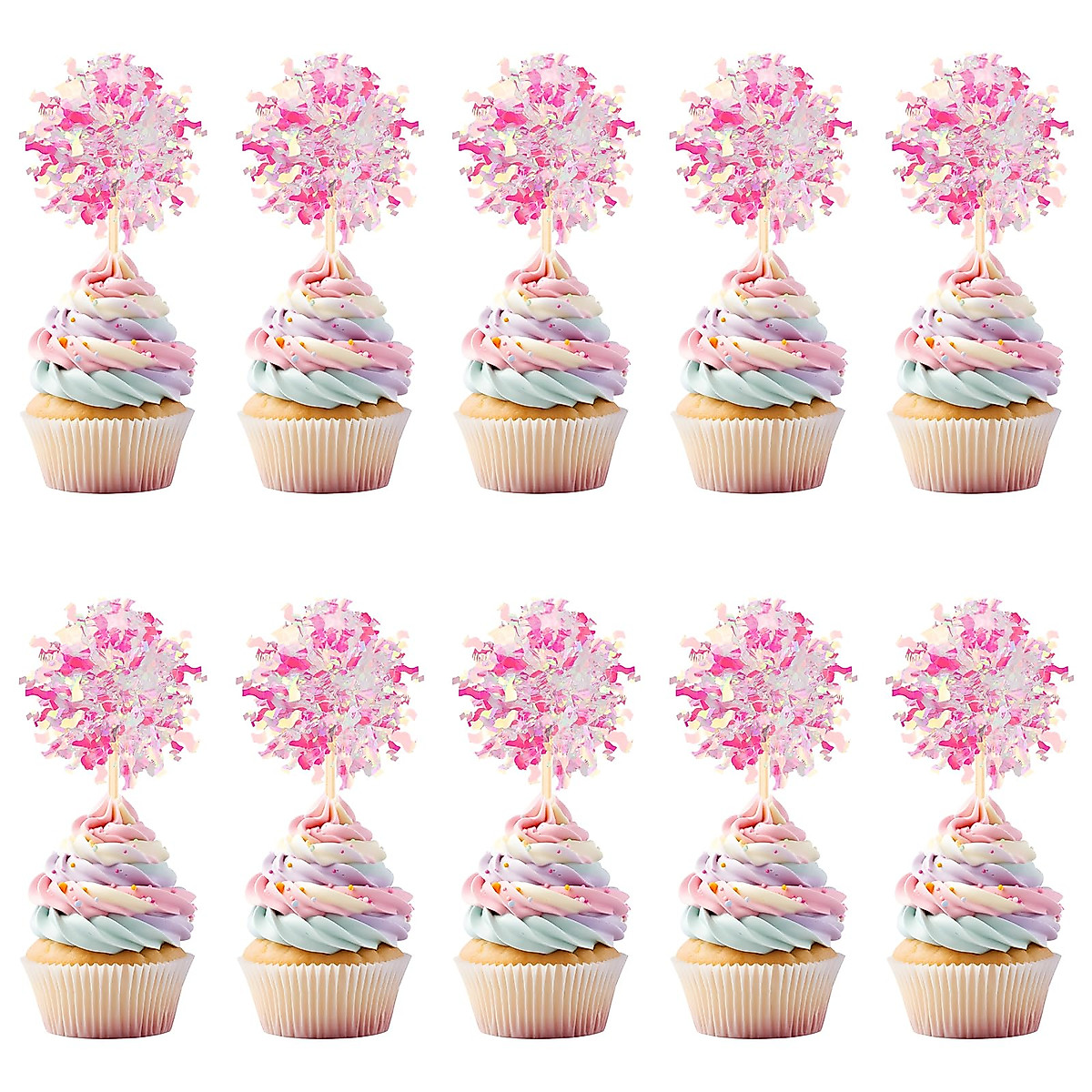 Firework Cupcake Toppers, 10 Pcs Foil Firework Birthday Cupcake Decoration Sparkle Firework Cake Topper Birthday Cupcake Topper for Graduation New Year Party Decorations (Pink)