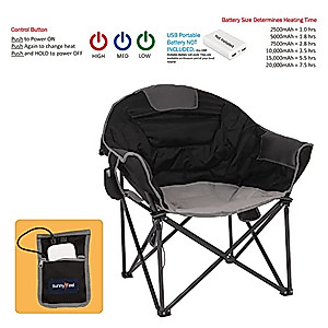 SUNNYFEEL Oversized Heated Camping Chair, Padded Camp Chair Round Moon Saucer Folding Lawn Chair Outdoor Club Chair Heavy Duty 500 LBS with Cup Holder, Armrest for Lounge Patio