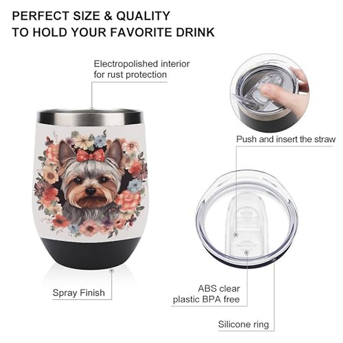 WYUSPGK 304 Stainless Steel Insulated Cup, Yorkie Floral Print Smooth Rim, Durable & Reusable - Perfect for Office, Home, And Travel