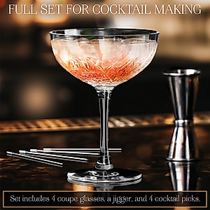 SPIRITIF Set of 4 Coupe Glasses, Includes Jigger and 4 Cocktail Picks for Elegant Glassware Experience. Vintage, Antique Style. 7 oz Cut Crystal Style Glass. For Champagne, Wine, Cocktail, Martini