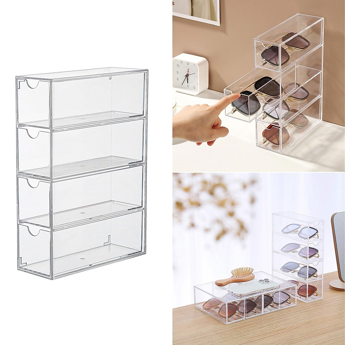 BYNNIX Transparent Dustproof Sunglasses Storage Box With 4 Layer Acrylic Drawers Eyewear Organizer Container Holder Eyewear Accessories Holder