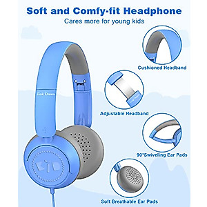 Link Dream Kids Headphones for School with Microphone Stereo On-Ear Folding 85/94dB Volume Control Child Headphones for Kids/Boys/Girls/iPad/Fire Tablet/PC/Travel, Blue