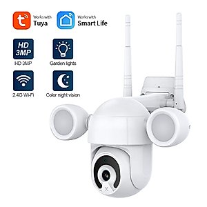 EVERSECU 2K 3Mp Tuya Smart Life Floodlight Outdoor WiFi IP PTZ Security Camera Weatherproof, Motion-Activated Spotlights &Auto-Tracking, Color Night Vision, 2-Way Audio, Work with Alexa & Google Home
