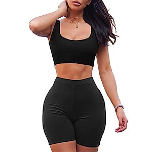 GOBLES Women's Sexy Bodycon Tank Crop Top Shorts Sets Club 2 Piece Outfits Black
