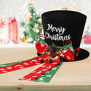Christmas Tree Topper Decorations Gifts, Collapsible Black Velvet Hat with Plaid Red Green Bow Snowflake Elk Ribbon Merry Xmas Sign Handmade Ornaments Supplies Large Holiday Indoor Home Decor