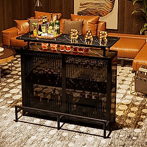 Tribesigns Home Bar Unit, 3 Tier Liquor Bar Table with Black Faux Marble Shelves and Stemware Racks, Wine Bar Cabinet Mini Bar with Acrylic Front for Home Kitchen Basement Pub, XDBAR858