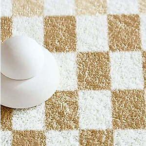 White Brown Retro Round Checkered Area Rug for Living Room Bedroom Playroom Washable Soft Wool Plush Throw Circle Carpet Under Dining Table Beside Bed Chair Runner Rug 7ft