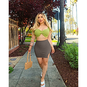 OQQ Women's 2 Piece Basic Casual Versatile Stretchy Ribbed Split High Waist Mini Skirt, Black Tea Leaf, Medium