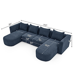 GNIXUU Modular Sectional Sofa, Modern Minimalist Boucle Fabric U-Shaped Sectional Couch, Comfy Double Chaise Lounge 4 seat Couch Set with Pillows for Living Room, Office, Apartment，117Inch(Blue)