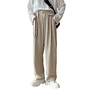 OYOANGLE Men's Fold Pleated Straight Wide Leg Suit Pants Business Casual Pants with Pocket Khaki Large