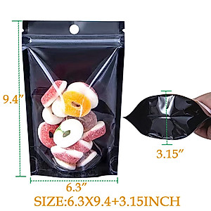 100 Pack Mylar Bags Smell Proof Bags, Resealable Stand Up Food Storage Bags Packaging Foil Pouch Bags with Clear Front Window for Cookies, Snack, Jewelry (6.3x9.4+3.15inch)