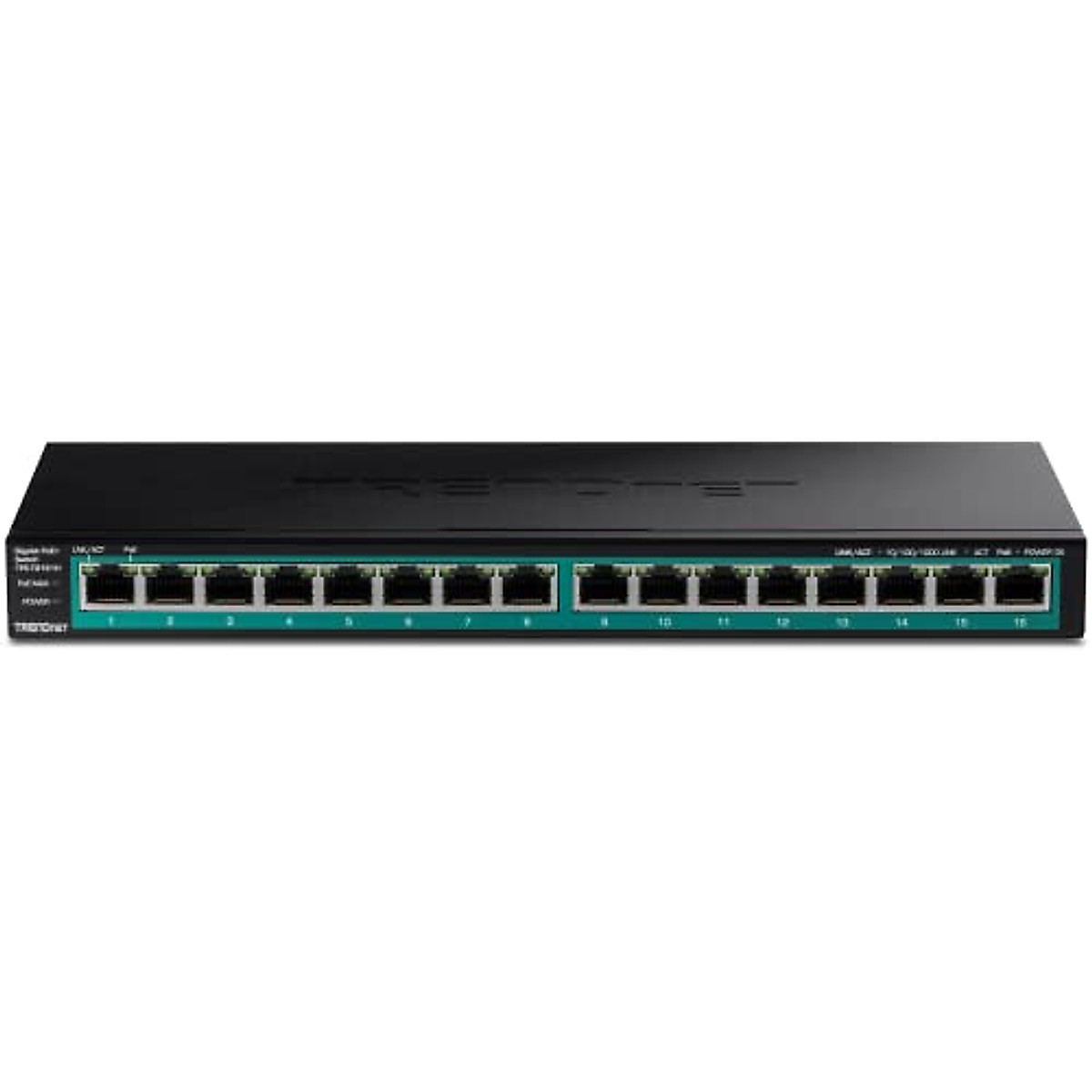 TRENDnet 16-Port Gigabit PoE+ Switch, 16 x Gigabit PoE+ Ports, 120W PoE Budget, Up to 30W Per Port, 1U 19” Rackmount Brackets Included, Fanless, Lifetime Protection, Black, TPE-TG161H
