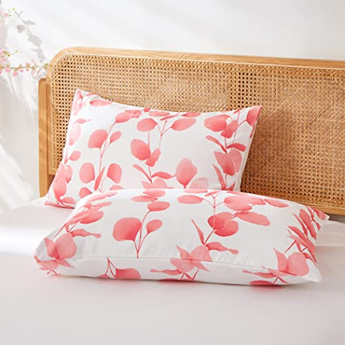 LAMEJOR Duvet Cover Set Queen Size White/Pink Leaves Floral Bedding Set Comforter Cover (1 Duvet Cover+2 Pillowcases)