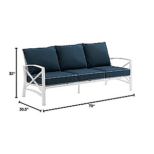 Crosley Furniture Kaplan Outdoor Sofa with Steel Frame, 3-Person Patio Couch for Porch, Deck, Backyard, White with Navy Cushions