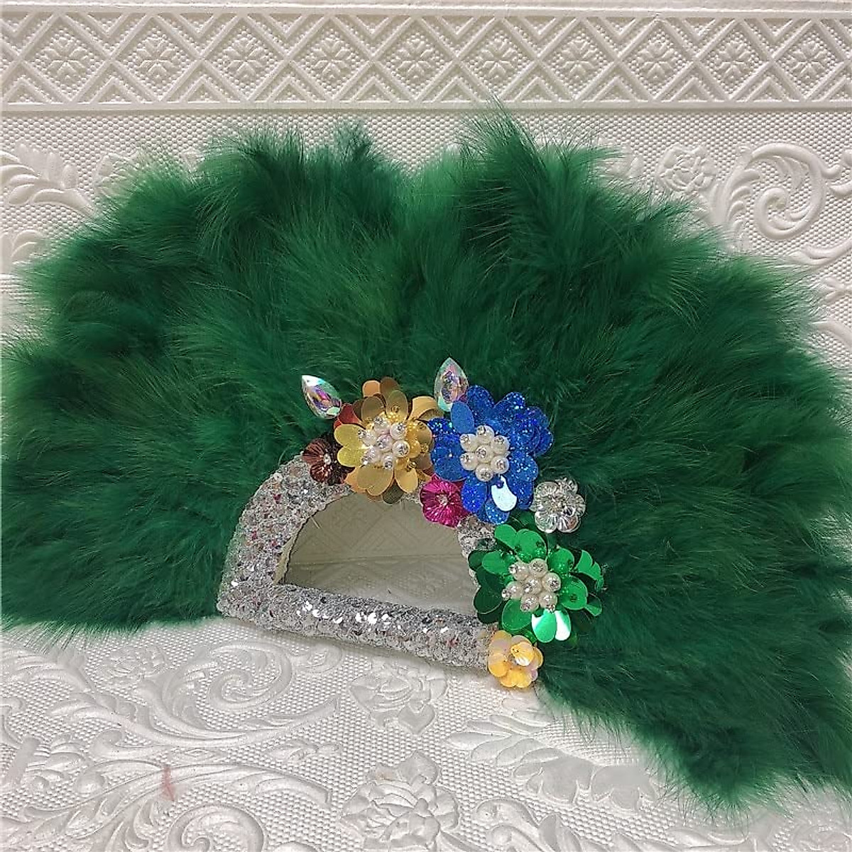 Msbfea African Wedding Party Feather Fan Big Size African White Feather Wedding with Shiny Sequins Flower Feather Fan Color 322