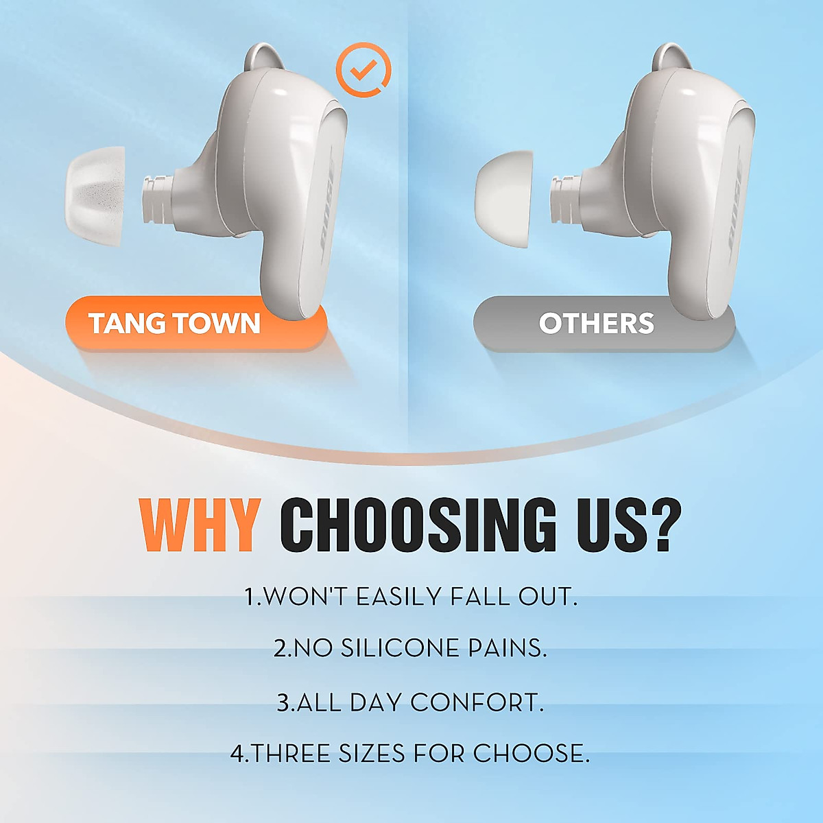 Tang Town Memory Foam Tips for Bose QuietComfort Earbuds II, No Silicone Eartips Pain, Anti-Slip Replacement Ear Tips, Fit in The Charging Case, Reducing Noise Tips, 3 Pairs (Mixed Sizes S/M/L, Gray)