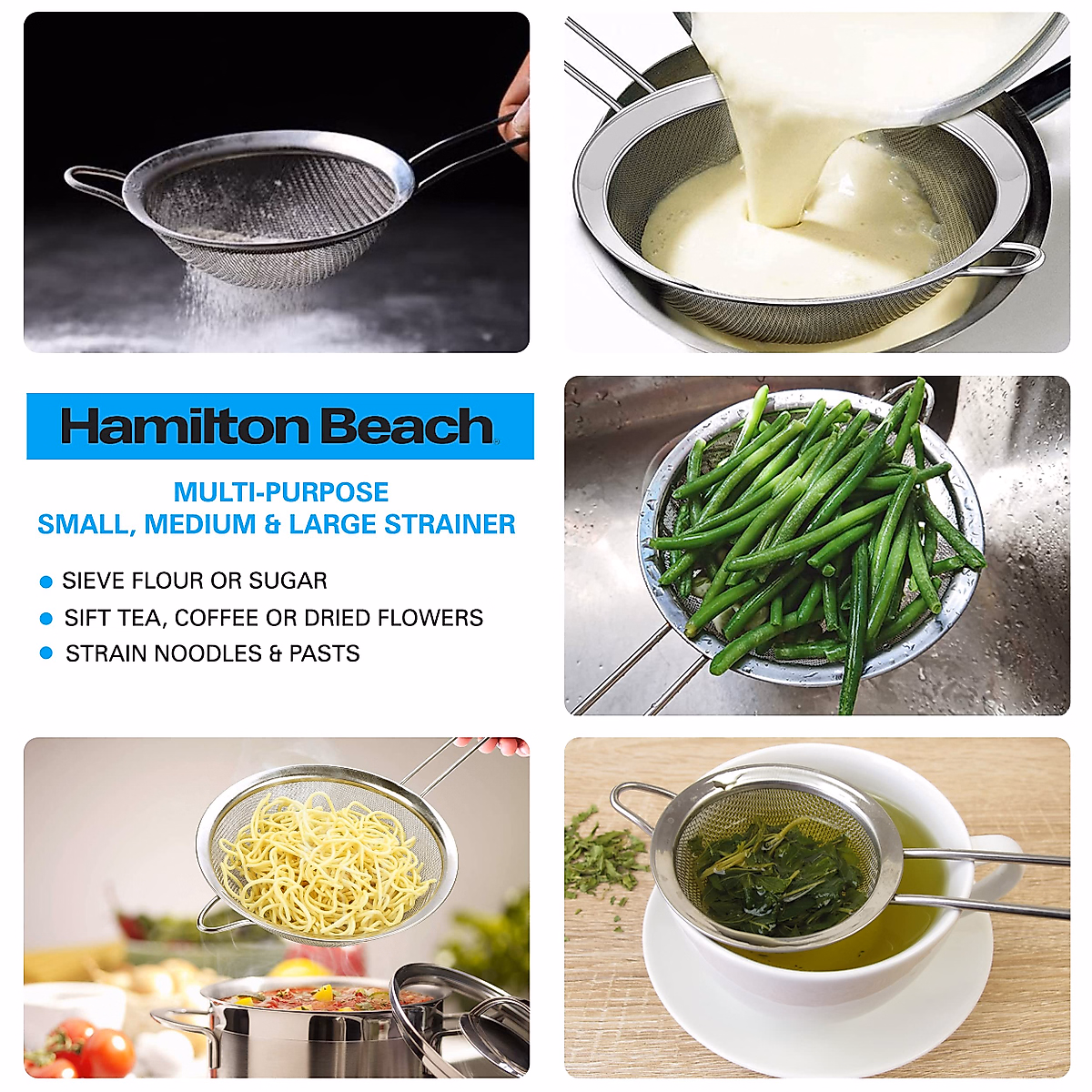 Hamilton Beach Fine Mesh Strainer - Stainless Steel Fine Mesh Sieve - Set of 3 Strainers for Baking, Pasta, Rice, Flour & Vegetable, Tea Sifter, Food Strainer with Long Handle - Perfect Kitchen Tool