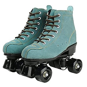 XUDREZ Cowhide Roller Skates for Women and Men High-Top Shoes Double-Row Design,Adjustable Classic Premium Roller Skates (Blue,5)