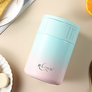 ZLINS Insulated Food Jar 13 oz, Foldable Spoon, Reusable Stainless Steel Lunch Thermos Container, Leak Proof Vacuum Lunch Storage for Soup Hot Cold, Smoothie Bowl with Handle Lid (Blush/Blue Ombre)