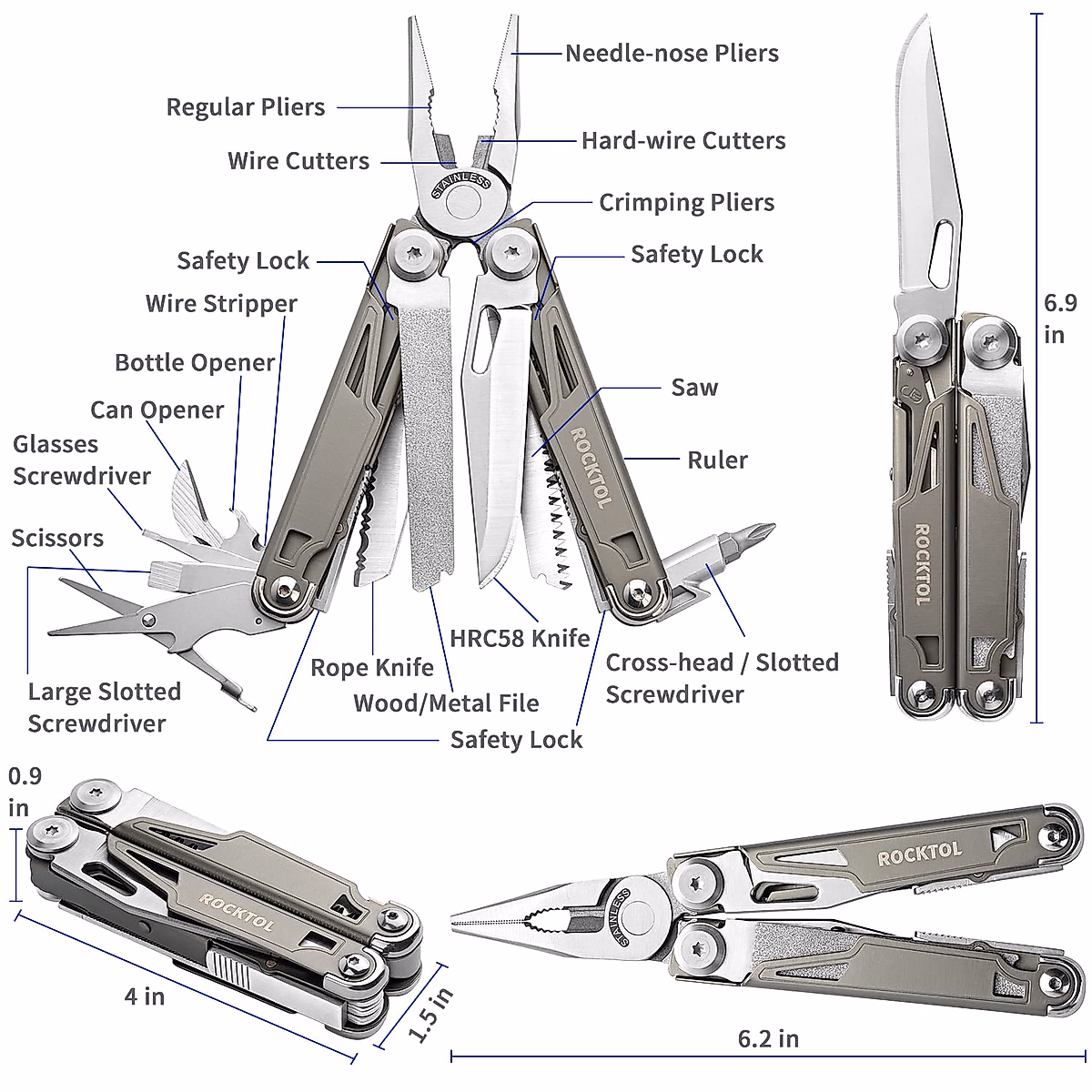 ROCKTOL Multitool,19-in-1 Multitool Pliers with Titanium-plated Handle, Safety Locking, Lightweight EDC Tool and Nylon Sheath for Gifts,Men,Outdoor Survival,Hiking,Camping