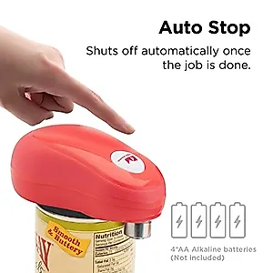 Kitchen Mama One Touch Can Opener: Open Cans with Simple Press of A Button - Auto Stop As Task Completes, Ergonomic, Smooth Edge, Food-Safe, Battery Operated Can Opener, Electric Can Opener (Red)