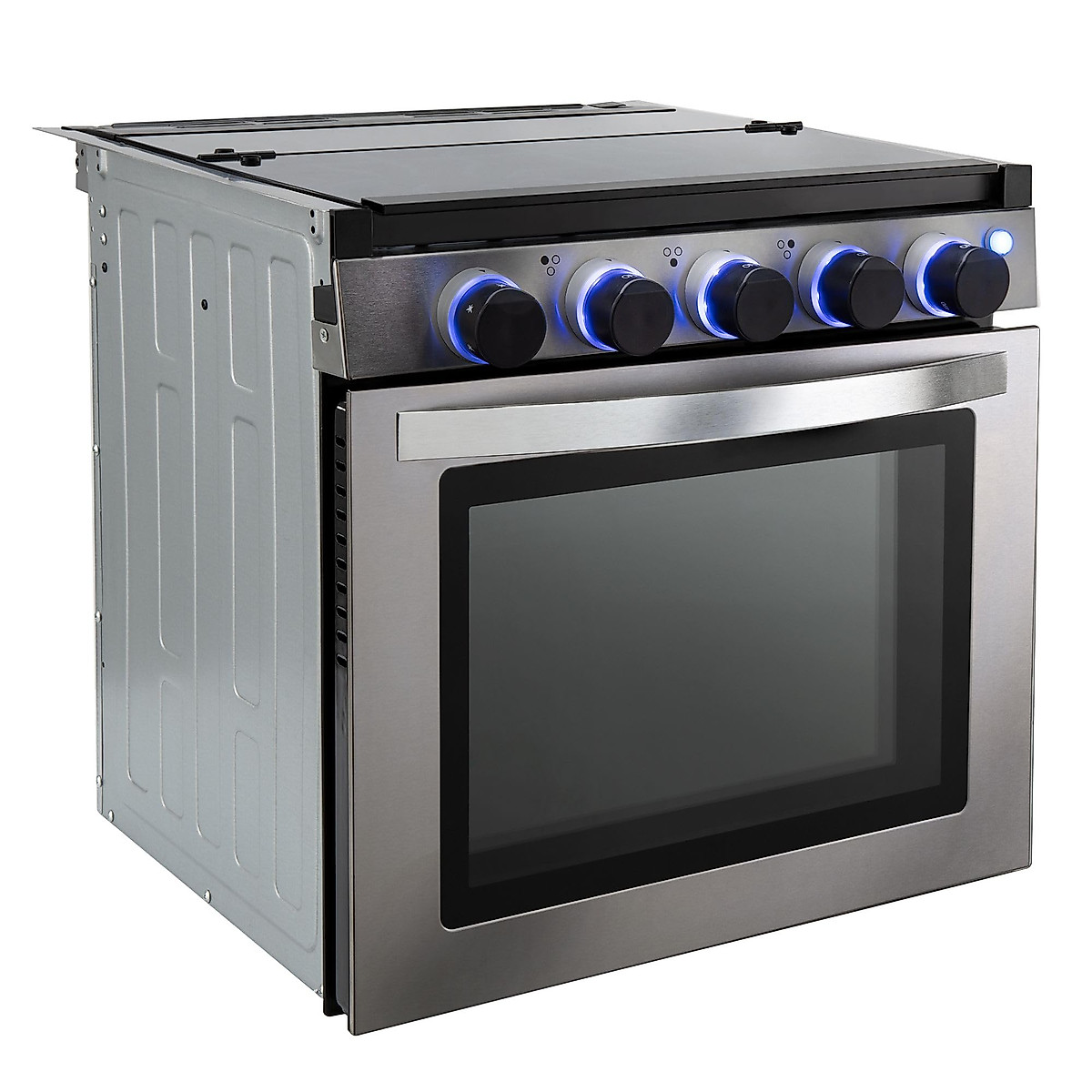 RecPro RV Stove Gas Range 21" Tall | 6500 and 8000 BTU Three Burner | 7100 BTU Oven with 1.8 Cu. Ft Capacity | Black or Stainless Steel Finish (Silver Version B, No Vented Range Hood)
