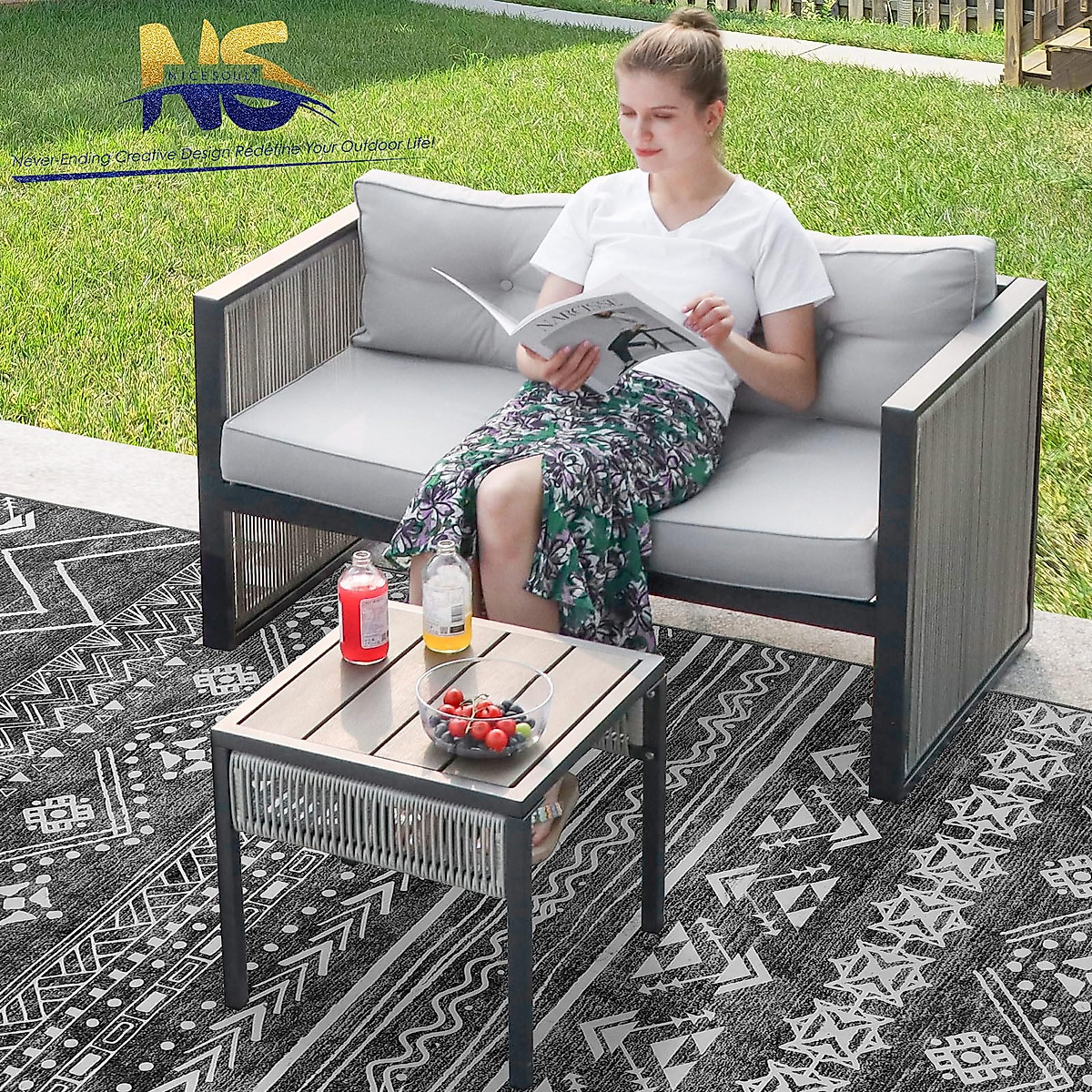 NICESOUL Patio Furniture Set Heavy Duty, Modern Outdoor Loveseat Sofa Chair with Side Table, All-Weather PE Rattan Double-Layered Woven Rope Iron Frame Thick Cushion Couch for Outside Backyard 2 Seats