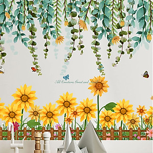 Tropical Plants Sunflower Vine Wall Corner Stickers, AUHOKY Removable Green Fresh Leaves Flower Wallpaper Decals, Garden DIY Art Mural for Nursery Bedroom Kitchen Offices Home Decorations (B)