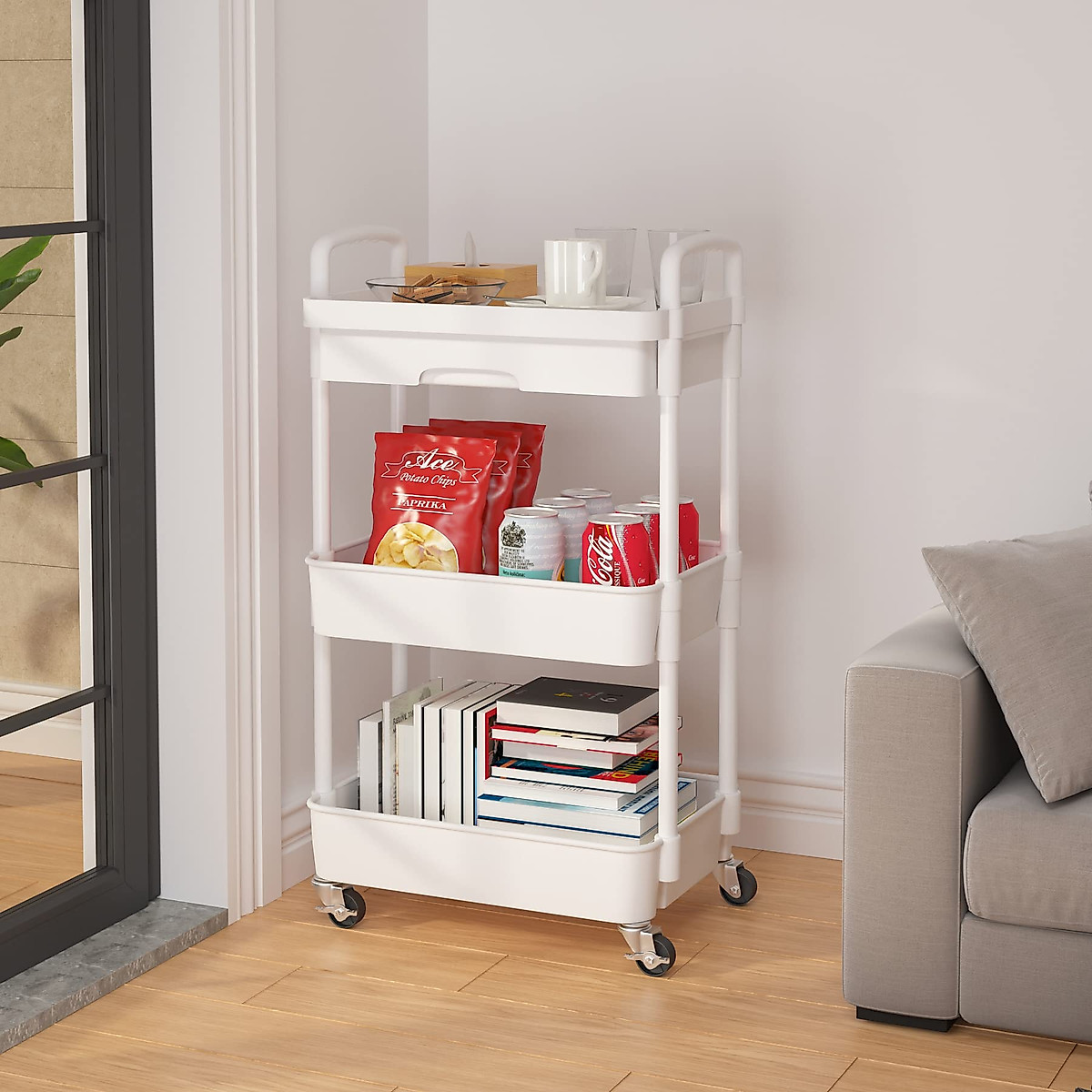 Calmootey 3-Tier Rolling Utility Cart with Drawer,Multifunctional Storage Organizer with Plastic Shelf & Metal Wheels,Storage Cart for Kitchen,Bathroom,Living Room,Office,White