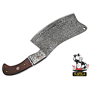Sapra Damascus steel 10.75” Inches Meat Cleaver Chef Butcher Vegetable frozen Boning Cleaver Knife Heavy Duty Sharp Edge Full Tang Meat Cleaver Bone Copper with Genuine Leather Sheath
