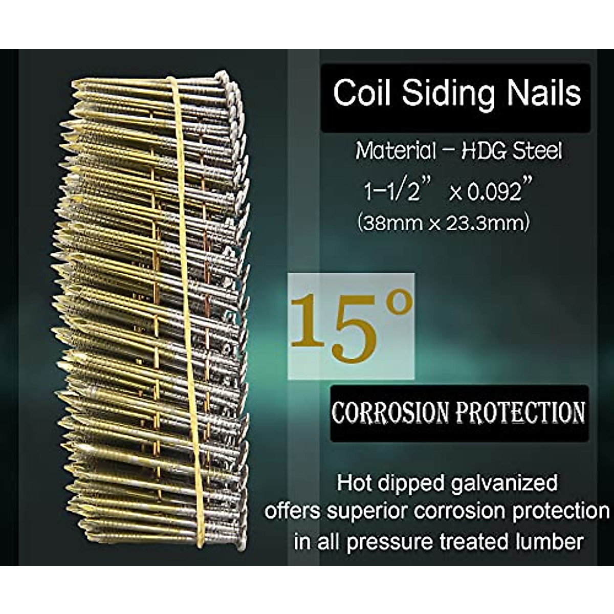 Siding Nails 1-1/2-Inch x .092-Inch 15-Degree Collated Wire Coil, Full RoundHead, Ring Shank Hot-Dipped Galvanized 1600 Count for Rough Nailing of Lathing and Sheathing Materials by BOOTOP