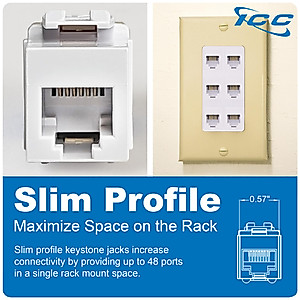 ICC Voice Grade Telephone Keystone Jack with Slim Profile 180 Degree Punch Down, 6P6C RJ11, UL Listed TAA Compliant for Wall Plate or Patch Panel, Works with JackEasy Termination Tool, Black