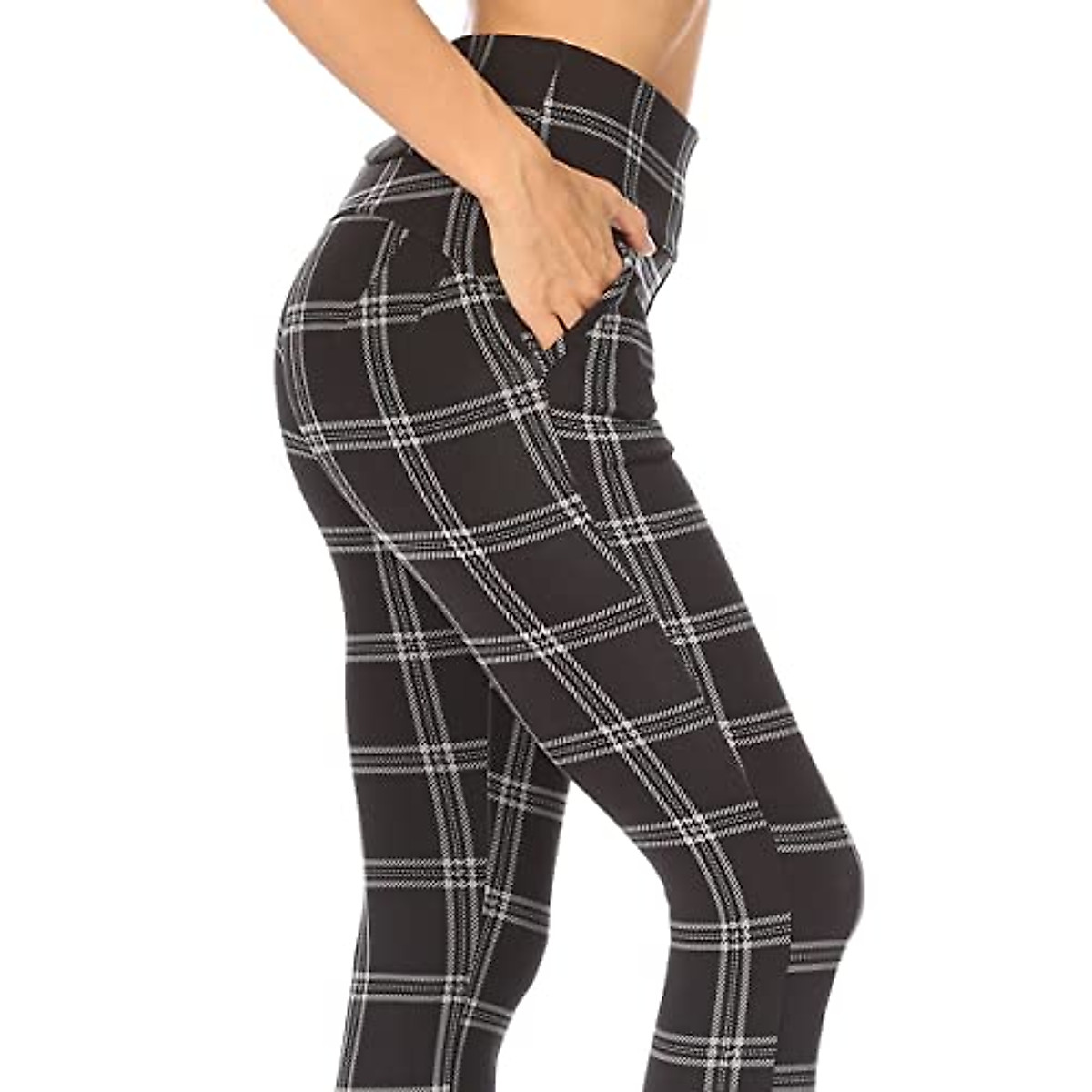 ShoSho Womens High Waist Skinny Pants Tummy Control Butt Lifting Pull On Stretch Trousers with Pockets Plaid Print Black/White Small