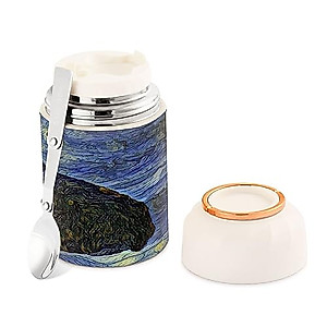 CUPADA Cat Art Funny Food Jar, Van Gogh Style Insulated Hot Food Jars Vacuum 17OZ with Folding Spoon for Work Trip Picnic Camping