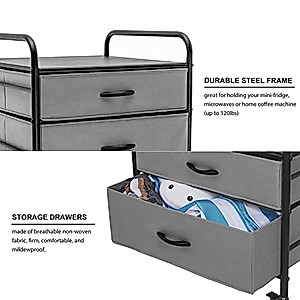 Mini Fridge Stand with Storage, KOZIDO 2-Tier Drawer Organization Rolling Cart for Mini Fridge, Dorm Fridge Stand with Grey Drawers, Metal Frame, Swivel Wheels