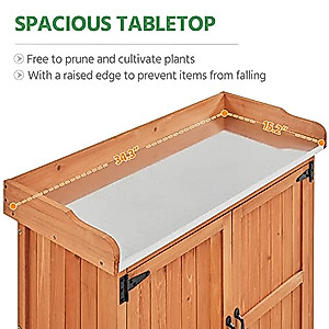 Yaheetech Garden Potting Bench Table - Outdoor Garden Patio Wooden Storage Cabinet & Solid Wood Planting Work Bench with Large Space Storage & Metal-Plated Tabletop, Brown