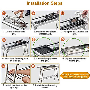 TeqHome Portable Charcoal Grill, Upgraded Folding Large Barbecue Charcoal Grill W/Board Shelf & Flavoring Storage Basket, Stainless Steel Frame, for 8 People Picnic Garden Terrace Camping Travel Use