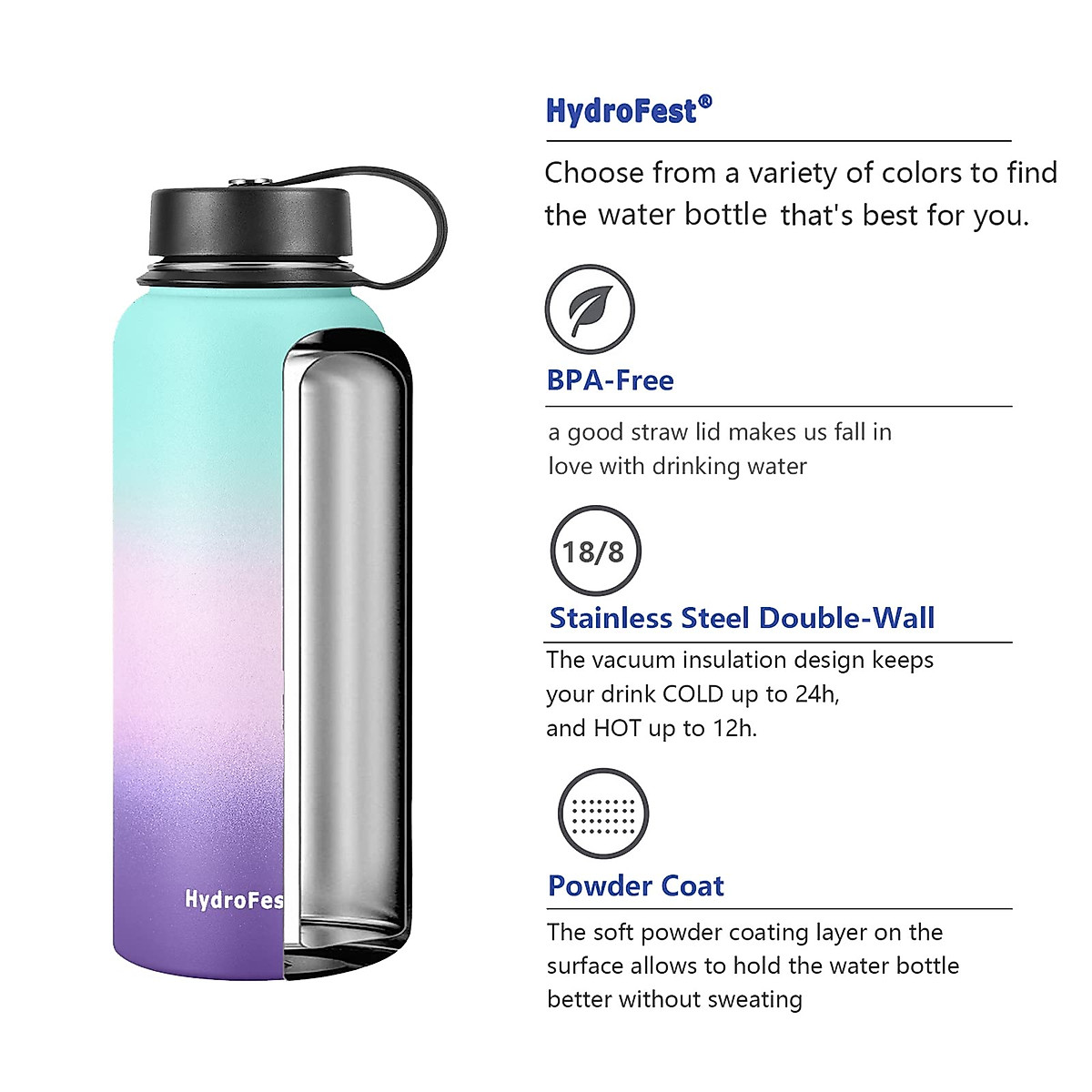 HydroFest Insulated Water Bottles,32 Ounce Water Bottle w/Straw lid, Spout Lid & Flex Cap, Wide Mouth Double Wall Vacuum Insulated 18/8 Stainless Steel Leakproof Water Flask (Hydrangea)