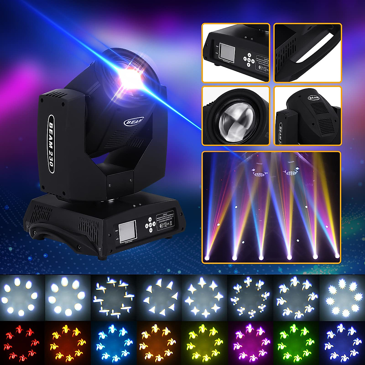 Samger 2 Pack 230W 7R Moving Head Light 8 Prism Full Motion Stage Light 14 Colors 17 GOBO Patterns Two-Way Rotation Supporting DMX512 Moving Head Spotlight DJ Light for Wedding Disco Club Music Party
