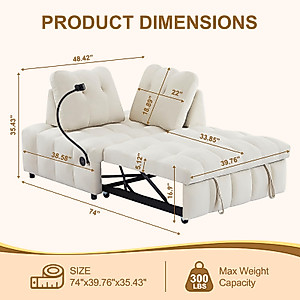 48" Pull Out Sofa Bed, Modern Convertible Sofa Bed Couch with Removale Back, Velvet Cloud Sofa with USB Port and Swivel Phone Stand, Suitable for Living Room, Apartment, Small Place - Beige