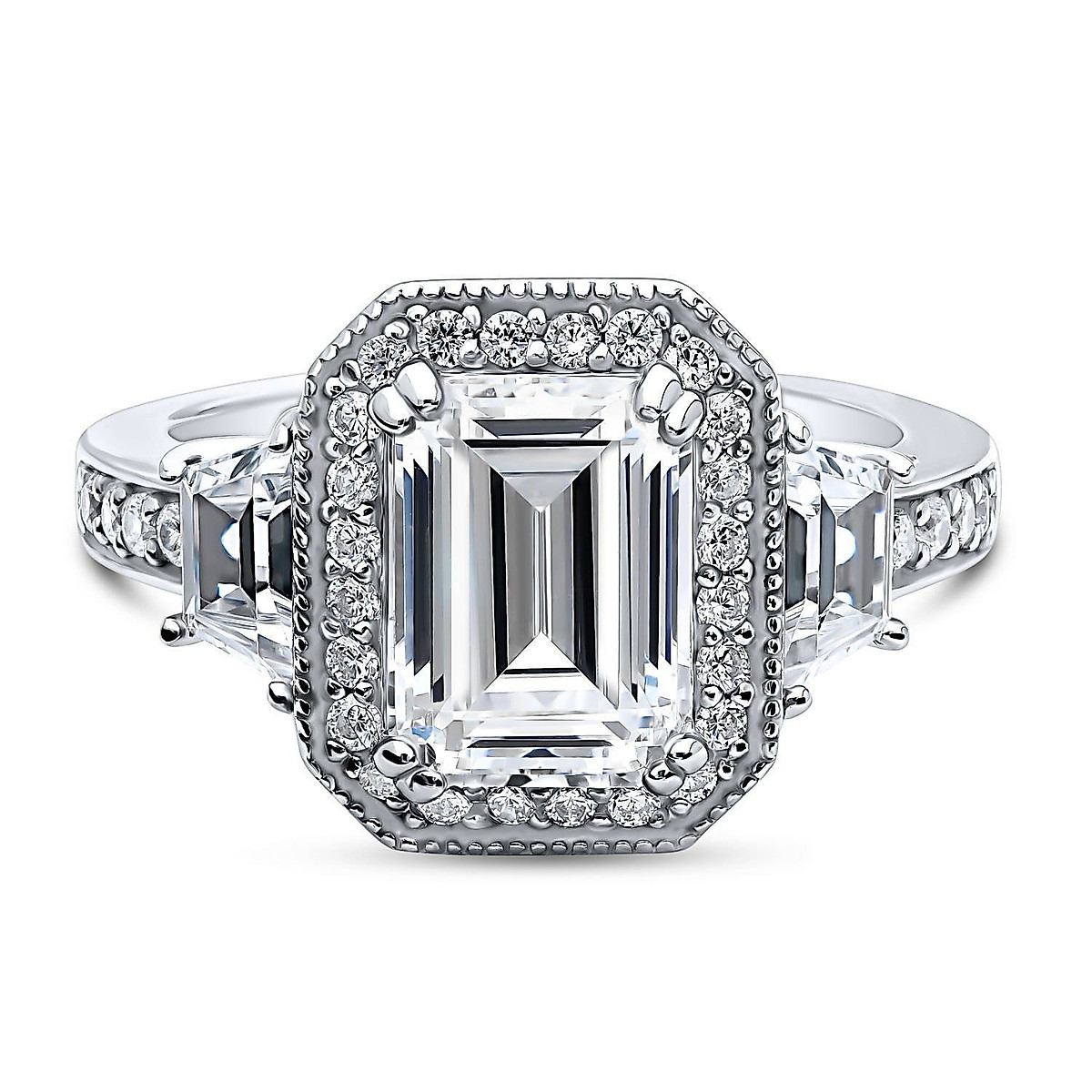 BERRICLE Sterling Silver Halo Wedding Engagement Rings Emerald Cut Cubic Zirconia CZ Statement Ring for Women, Rhodium Plated Size 9