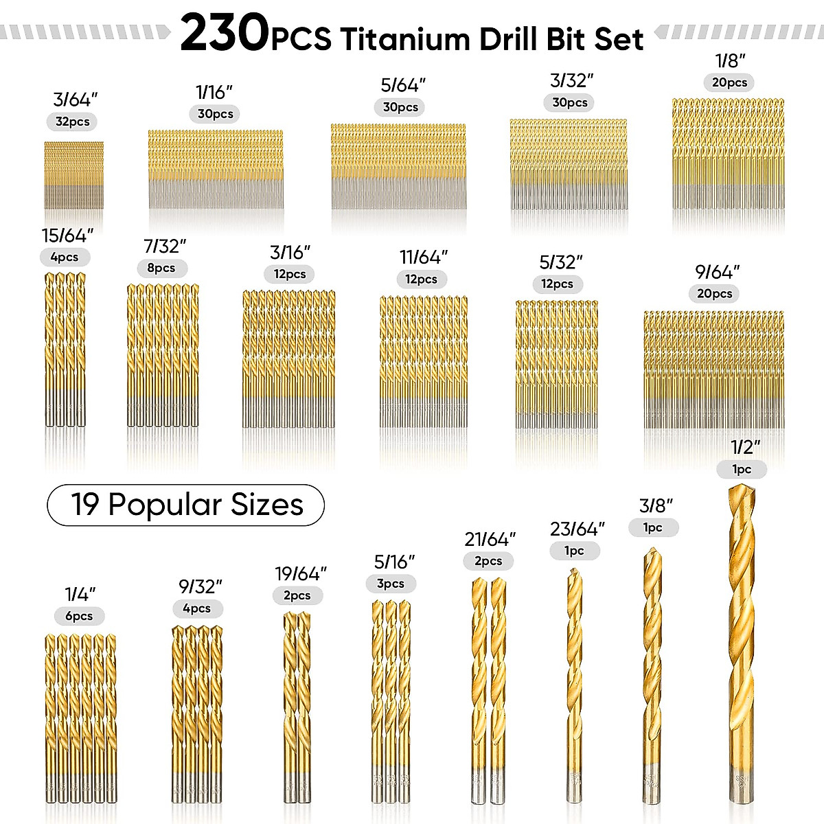 TICONN 230PCS Titanium Coated Drill Bit Set, 135 Degree Tip HSS Drill Bits Kit with Storage Case for Steel, Aluminum, Copper, Soft Alloy Steel, Wood, Plastic Size from 3/64" to 1/2"