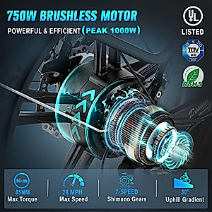 FREESky Step-Thru Electric Bike for Adults 750W High-Speed Motor 48V 15AH Samsung Cell Battery, 20" Fat Tires Ebike 28MPH 35-80Miles Electric Commuter/City Cruiser Bike for Women,